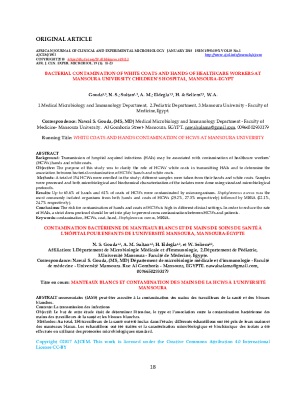 (PDF) Bacterial contamination of white coats and hands of healthcare ...