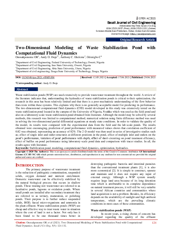 (PDF) Two-Dimensional Modeling of Waste Stabilization Pond with Computational Fluid Dynamics
