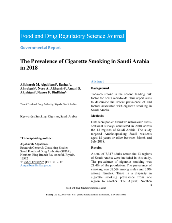 (PDF) The Prevalence of Cigarette Smoking in Saudi Arabia in 2018