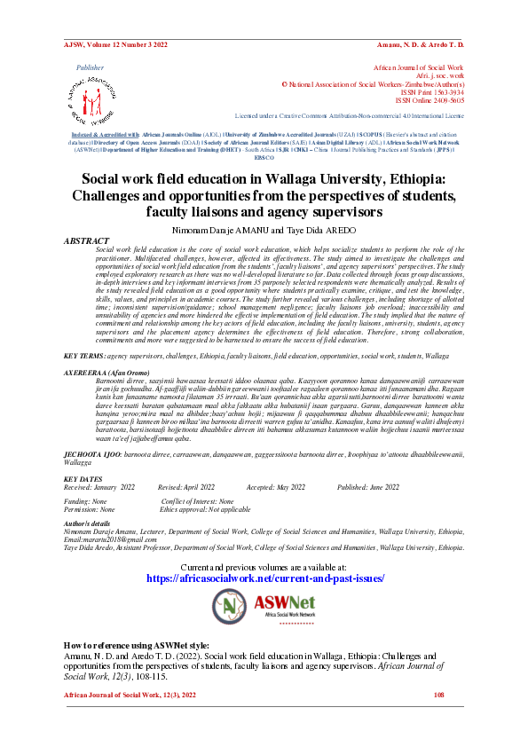 (PDF) Social work field education in Wallaga University, Ethiopia ...