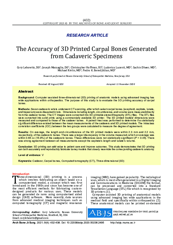 (PDF) The Accuracy of 3D Printed Carpal Bones Generated from Cadaveric ...