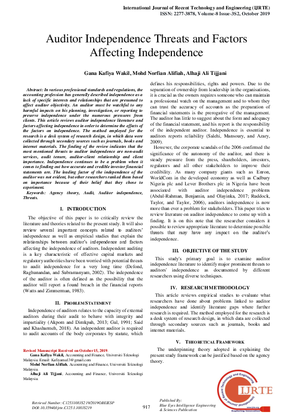(PDF) Auditor Independence Threats and Factors Affecting Independence