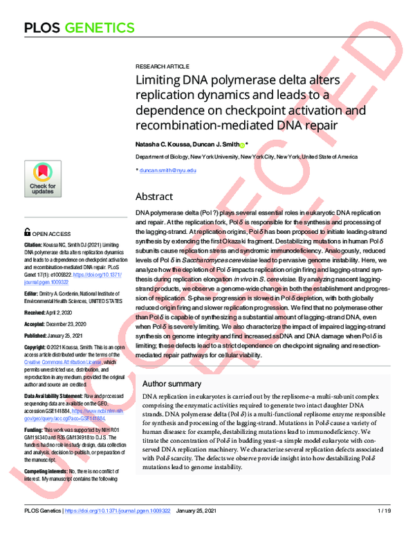 (PDF) Limiting DNA polymerase delta alters replication dynamics and ...