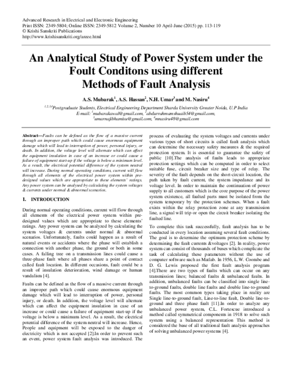 (PDF) An Analytical Study of Power System under the Fault Conditions ...