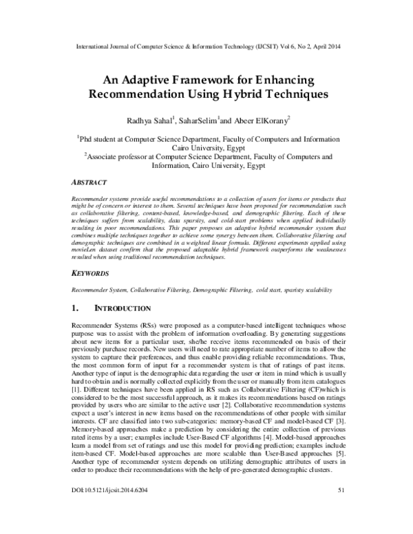 (PDF) An Adaptive Framework for Enhancing Recommendation Using Hybrid Techniques