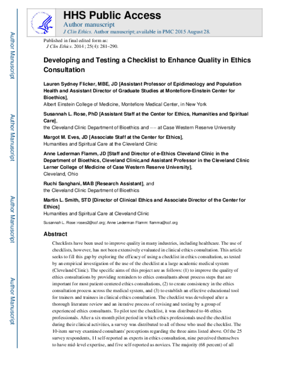 (PDF) Developing and testing a checklist to enhance quality in clinical ...