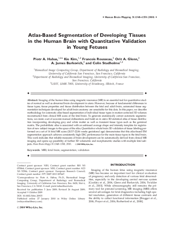 Pdf Atlas Based Segmentation Of Developing Tissues In The Human Brain With Quantitative