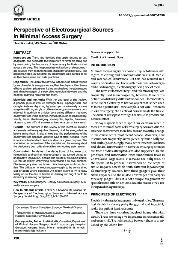 (PDF) Perspective of Electrosurgical Sources in Minimal Access Surgery