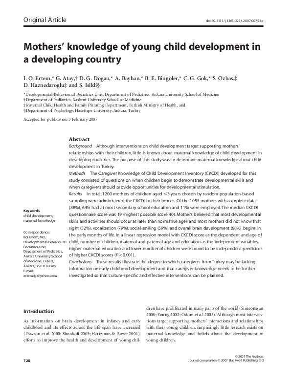 (PDF) Mothers' knowledge of young child development in a developing country