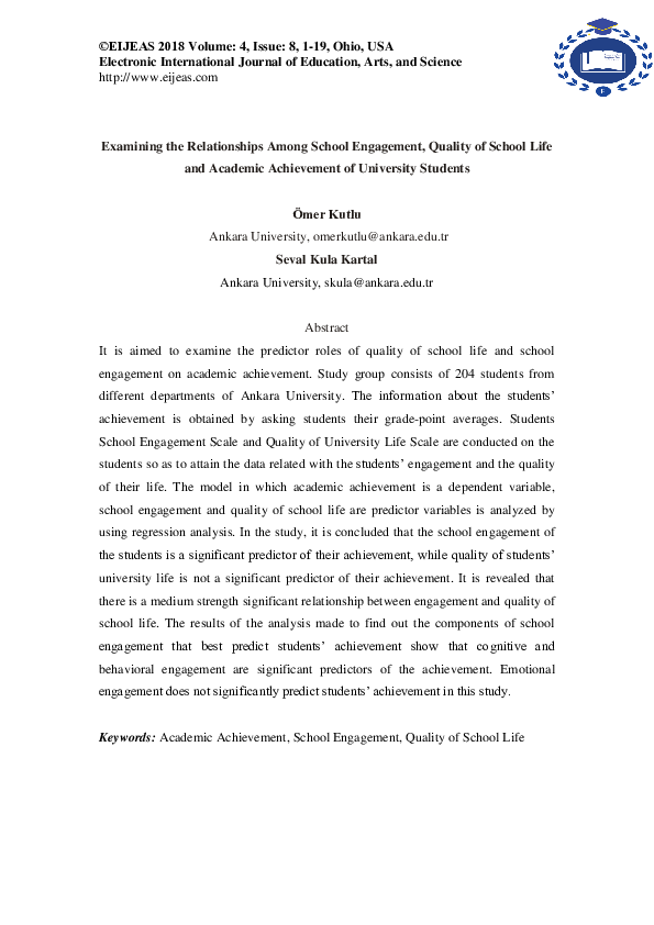 (PDF) Examining the Relationships Among School Engagement, Quality of ...