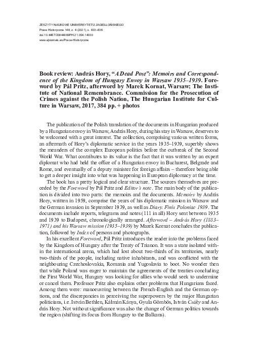 (PDF) Book review: András Hory, “A Dead Post”: Memoirs and Correspond ...