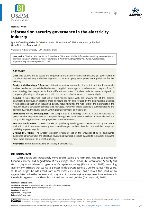(PDF) Information security governance in the electricity industry