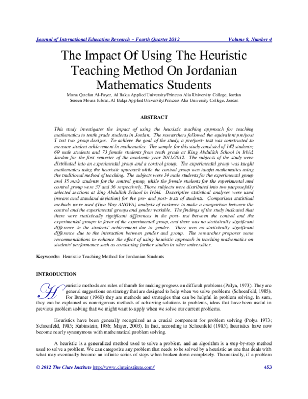 (PDF) The Impact Of Using The Heuristic Teaching Method On Jordanian Mathematics Students