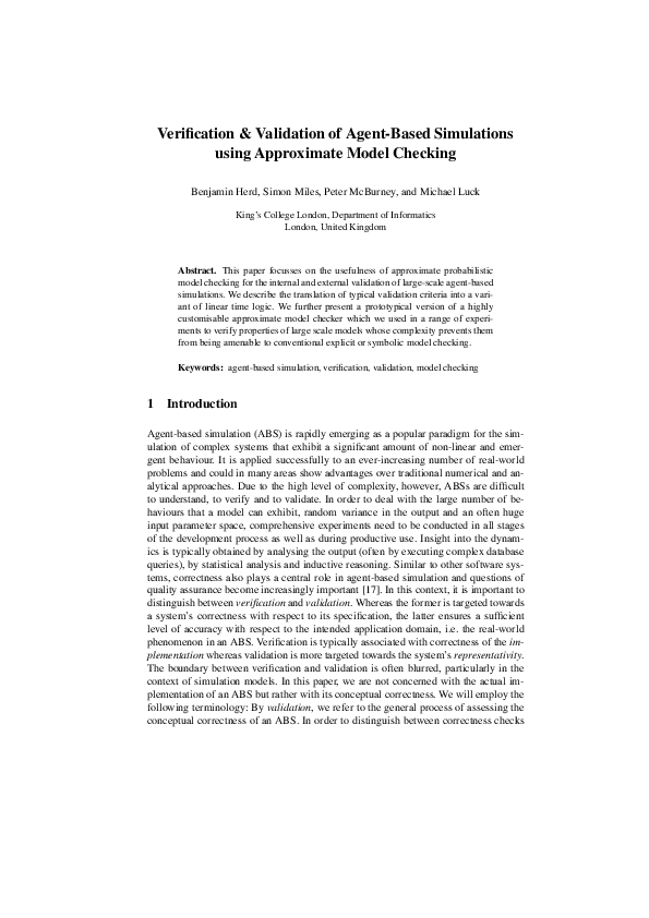 Pdf Verification And Validation Of Agent Based Simulations Using