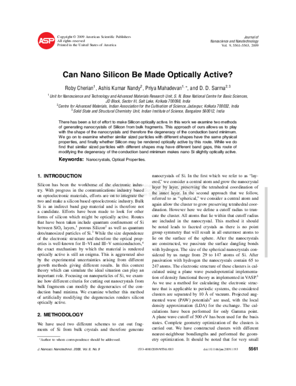 (PDF) Can Nano Silicon Be Made Optically Active?
