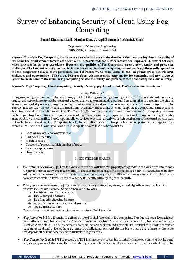(PDF) Survey of Enhancing Security of Cloud Using Fog Computing