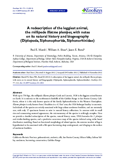 (PDF) A redescription of the leggiest animal, the millipede Illacme ...