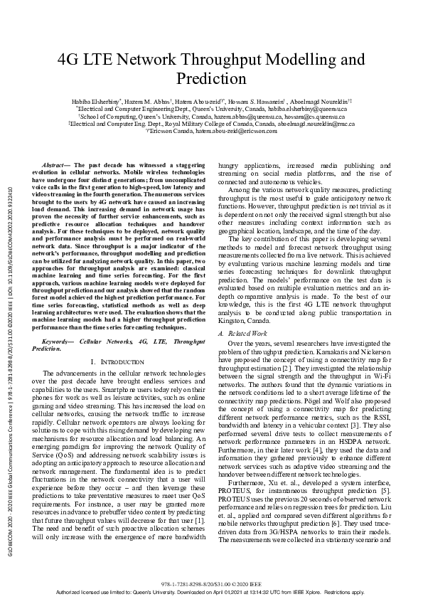 (PDF) 4G LTE Network Throughput Modelling and Prediction