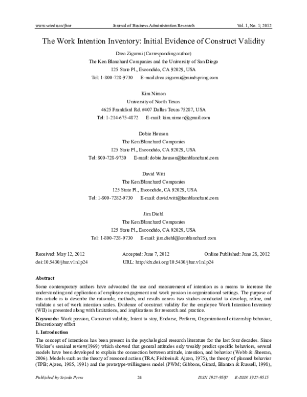 (PDF) The Work Intention Inventory: Initial Evidence of Construct Validity