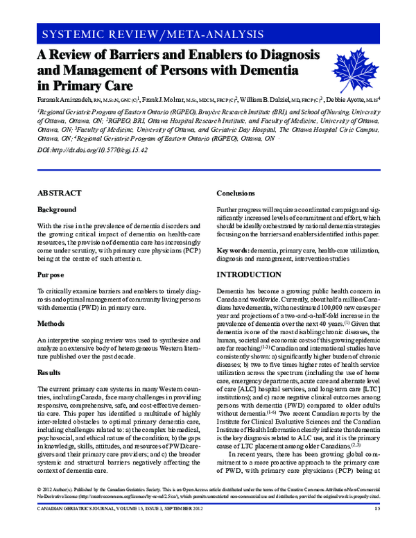 (PDF) A Review of Barriers and Enablers to Diagnosis and Management of Persons with Dementia in ...
