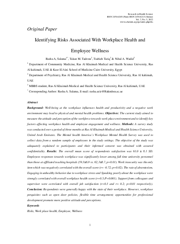 (PDF) Identifying Risks Associated With Workplace Health and Employee ...