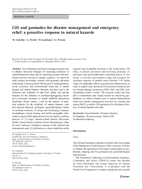 (PDF) GIS and geomatics for disaster management and emergency relief: a proactive response to ...
