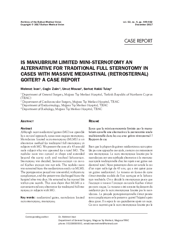 (PDF) Is Manubrium Limited Mini-Sternotomy an Alternative for ...