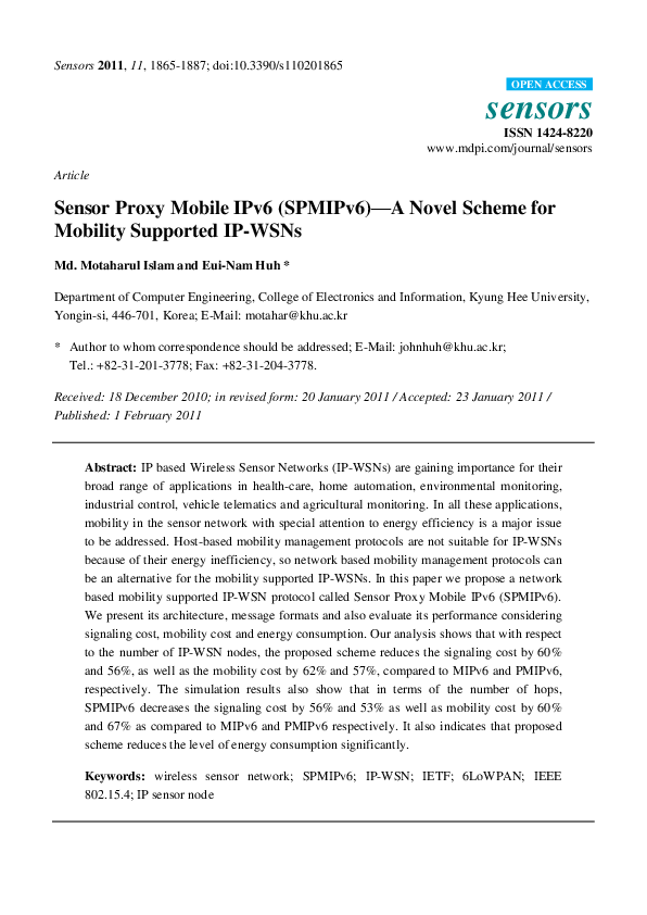 (PDF) Sensor Proxy Mobile IPv6 (SPMIPv6)—A Novel Scheme for Mobility Supported IP-WSNs