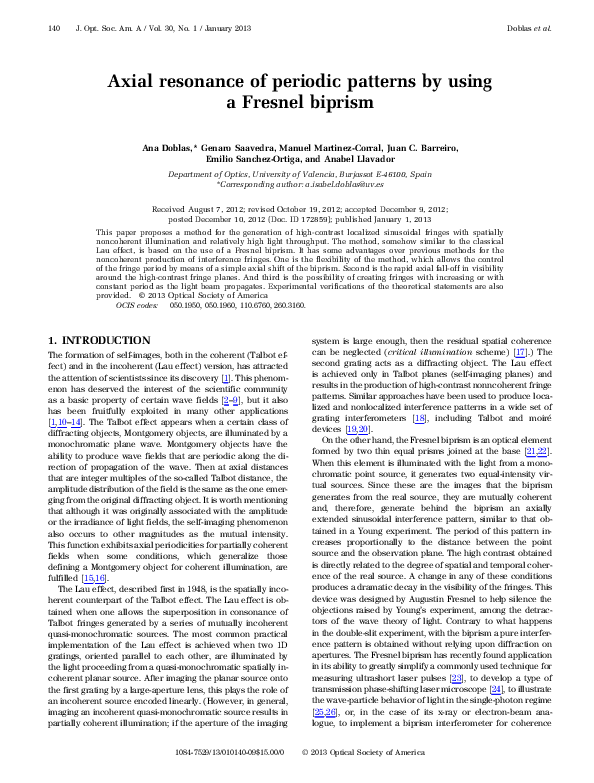 (PDF) Axial resonance of periodic patterns by using a Fresnel biprism | Emilio Sánchez-Ortiga ...