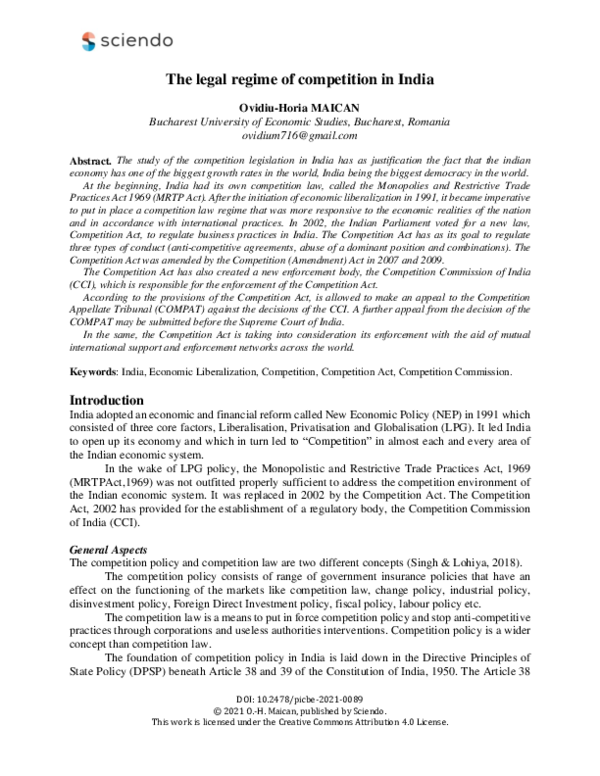 (PDF) The legal regime of competition in India