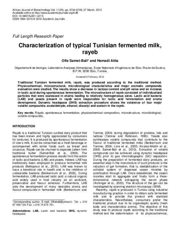 (PDF) Characterization of typical Tunisian fermented milk, rayeb