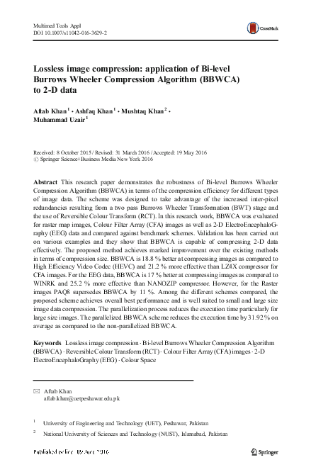 (PDF) Lossless image compression: application of Bi-level Burrows Wheeler Compression Algorithm ...
