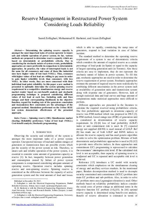 (PDF) Reserve Management in Restructured Power System Considering Loads ...