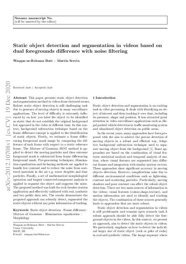 (PDF) Static object detection and segmentation in videos based on dual foregrounds difference ...