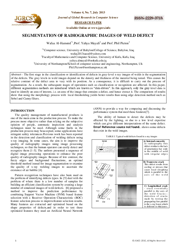 (PDF) Segmentation of Radiographic Images of Weld Defect