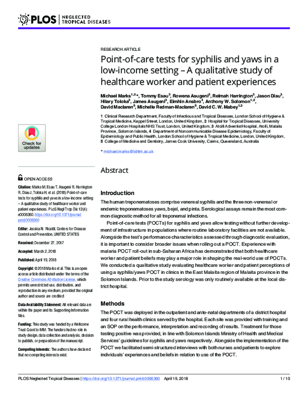 (PDF) Point-of-care tests for syphilis and yaws in a low-income setting ...