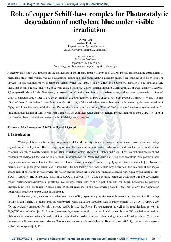 (PDF) Role of copper Schiff-base complex for Photocatalytic degradation ...