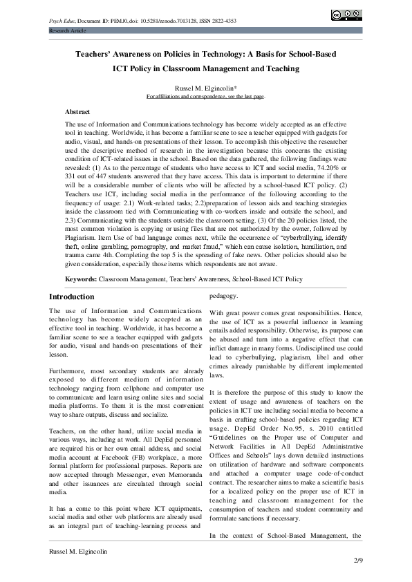 (PDF) Teachers' Awareness on Policies in Technology: A Basis for School ...