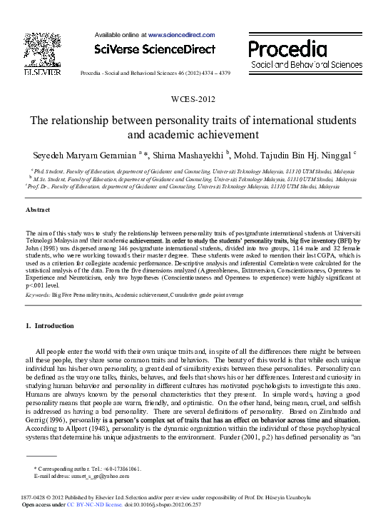 (PDF) The Relationship Between Personality Traits of International Students and Academic Achievement