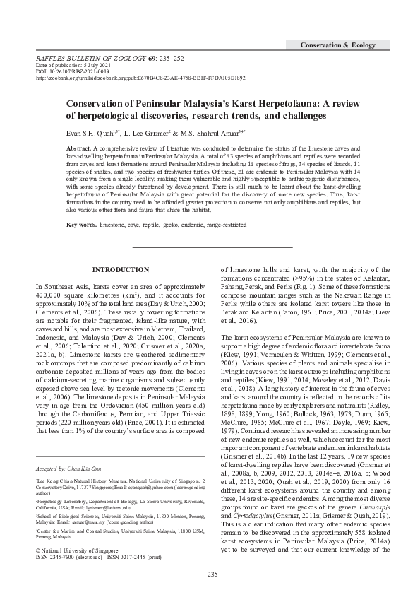 (PDF) Conservation of Peninsular Malaysia's Karst Herpetofauna: A review of herpetological ...