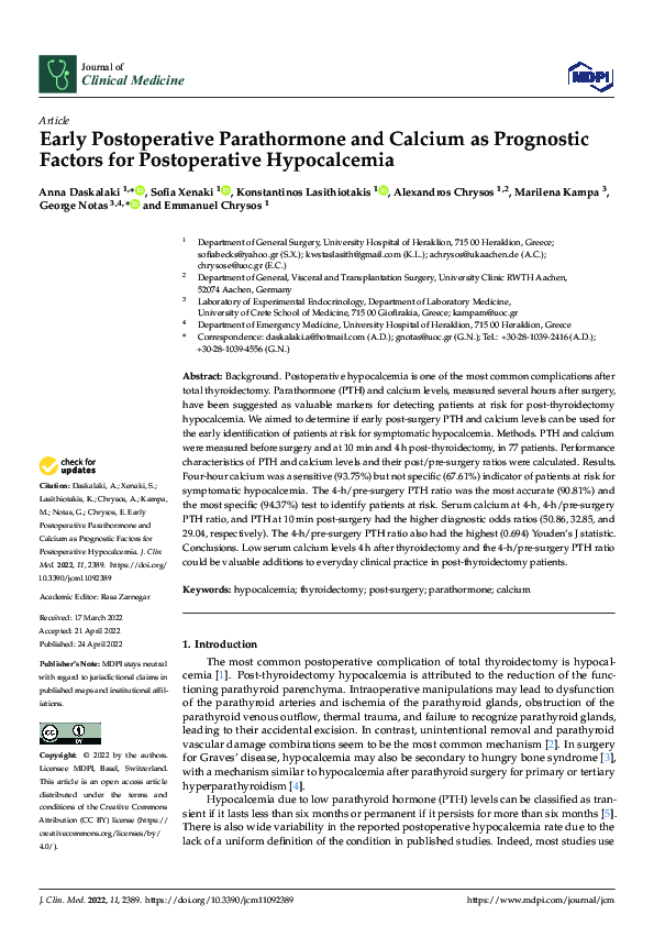 (PDF) Early Postoperative Parathormone and Calcium as Prognostic Factors for Postoperative ...