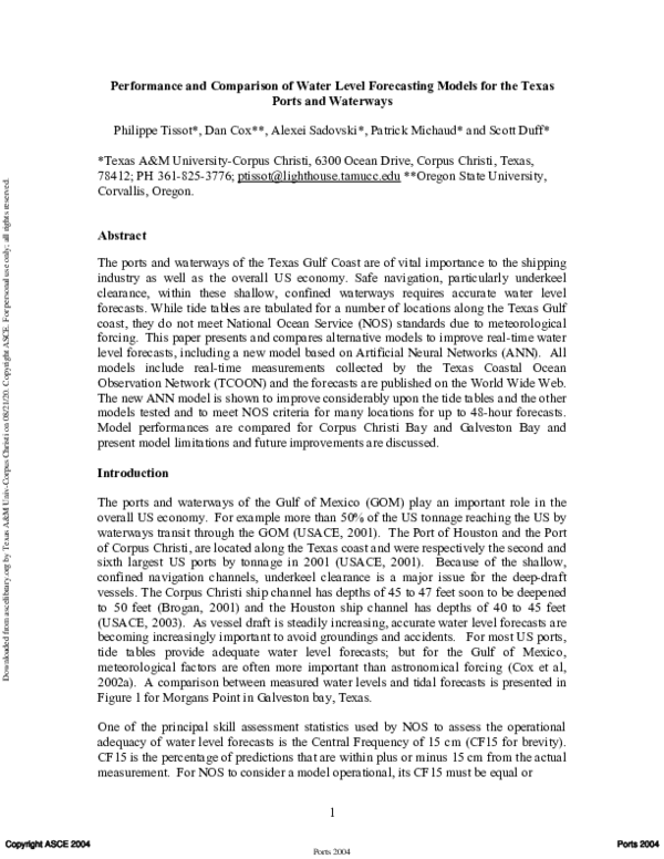 Pdf Performance And Comparison Of Water Level Forecasting Models For The Texas Ports And