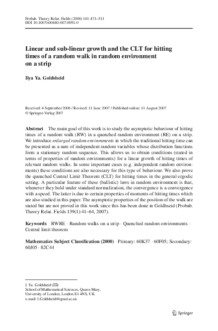 (PDF) Linear and sub-linear growth and the CLT for hitting times of a random walk in random ...