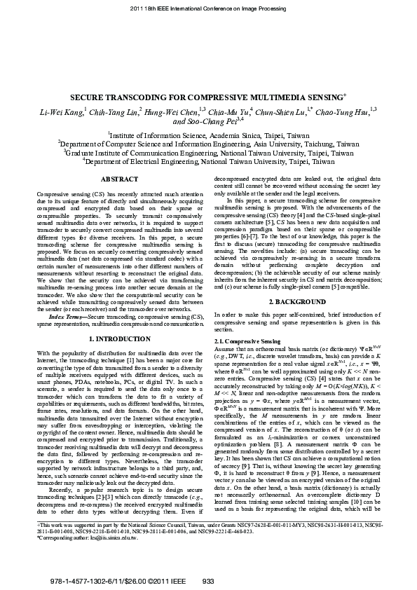 Pdf Secure Transcoding For Compressive Multimedia Sensing Cy Hsu 