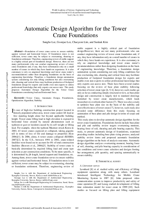 Pdf Automatic Design Algorithm For The Tower Crane Foundations