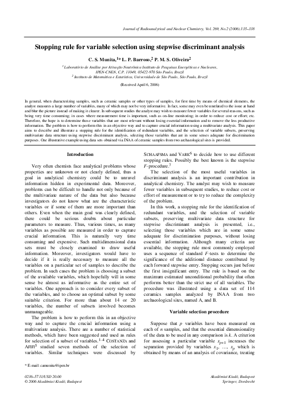(PDF) Stopping rule for variable selection using stepwise discriminant analysis