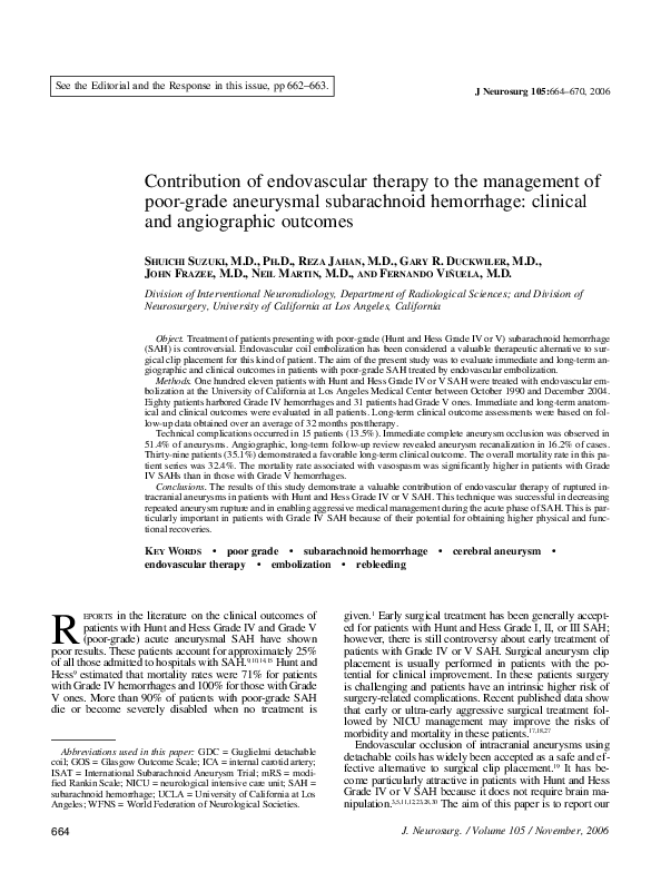 (PDF) Contribution of endovascular therapy to the management of poor-grade aneurysmal ...