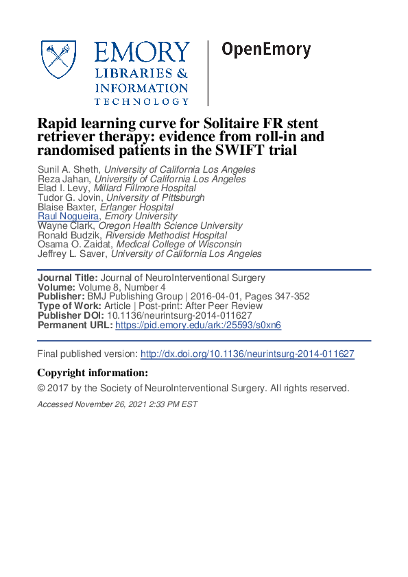 (PDF) Rapid learning curve for Solitaire FR stent retriever therapy: evidence from roll-in and ...
