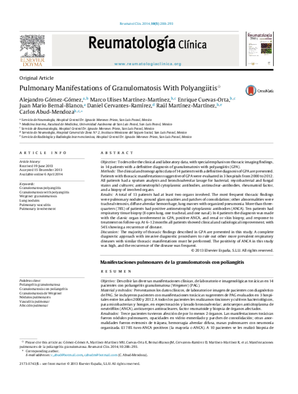 (PDF) Manifestaciones pulmonares de la granulomatosis con poliangitis