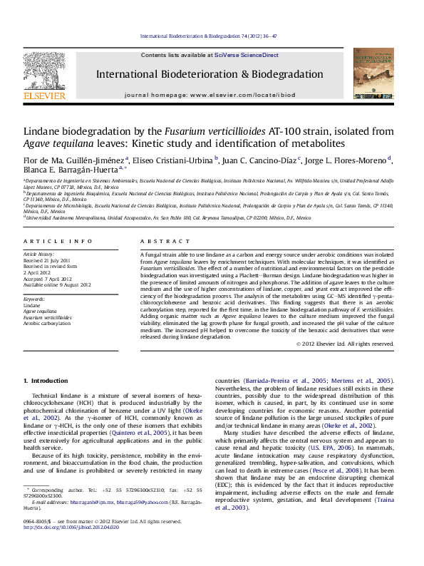 (PDF) Lindane biodegradation by the Fusarium verticillioides AT-100 ...
